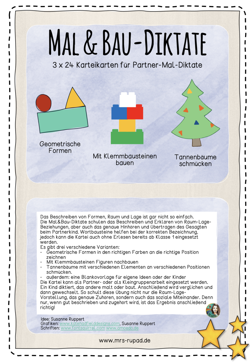Mal- und Bau-Diktate in drei Versionen – Mrs.Rupäd